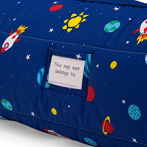 Delta Children Nap Mat with Included Pillow and Blanket for Toddlers and Kids; Features Carry Handle with Strap Closure and Name Tag; Rollup Design is Ideal for Preschool and Daycare, Space