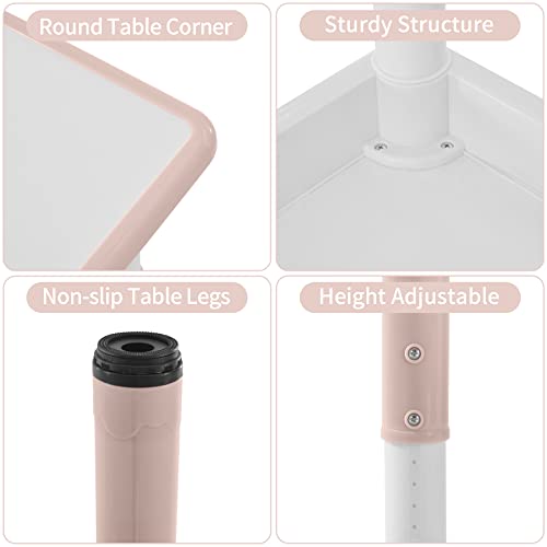 DOREROOM Toddler Table and Chairs Set for 4, 49''L x 25''W Kids Study Table and Chair Set, Height-Adjustable, Graffiti Desktop, Children Activity Table for Daycare, Classroom, Home, Pink