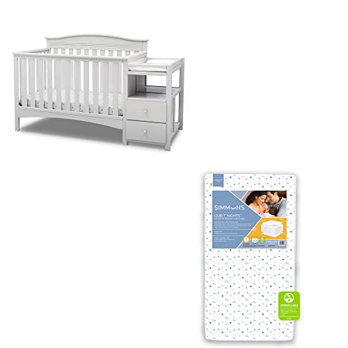Delta Children Birkley Convertible Crib N Changer, Bianca White + Simmons Kids Quiet Nights Dual Sided Crib and Toddler Mattress (Bundle)