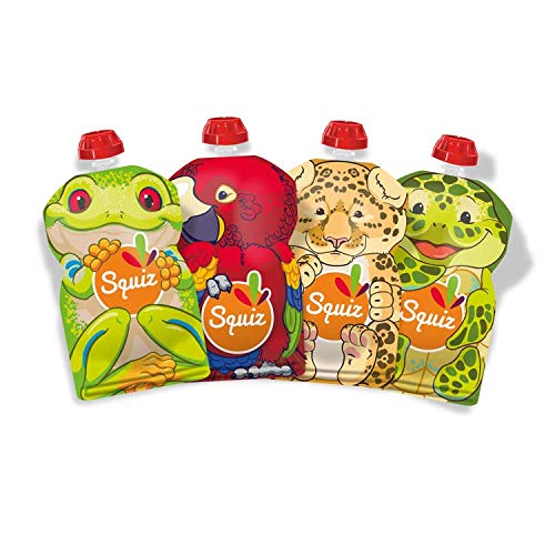 SQUIZ - 4 Swiss-Made Pack Reusable Food Pouches 4,4 oz (130ml) - Refillable Squeeze Food Storage for Baby, Toddler and Kids - Washable and Freezer Safe Bags - BPA Free - Fun Designs