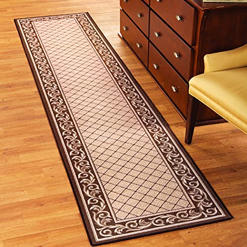 Collections Etc Floral Scroll Basket Weave Rug with Skid-Resistant Backing, Chestnut, 26" X 120"