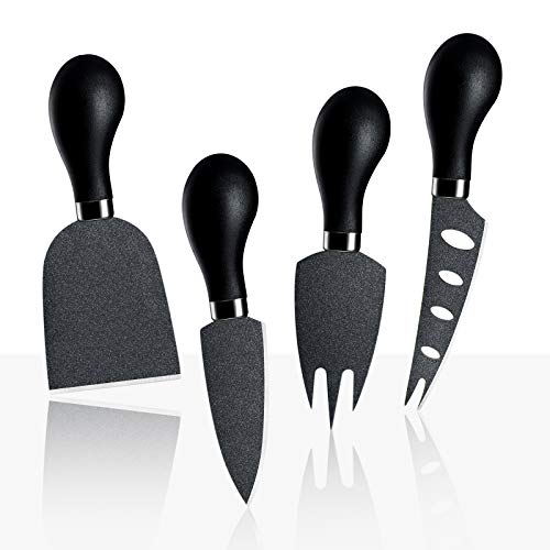 hecef Cheese Knife Set of 4, Non-Stick Coated Gift Set for Christmas, Anniversary, Party, Housewarming, Picnic, Birthdays, Wedding(Black)