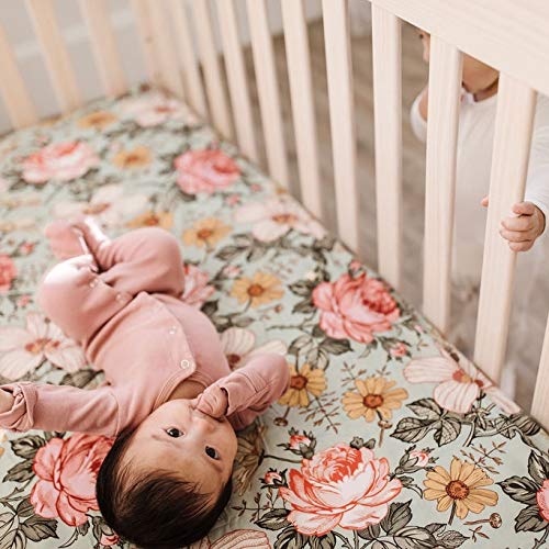 Fitted Crib Sheet - Garden Floral Pattern Design, Woven 100% Cotton (Sea Foam, Regular (28x52x9) in)