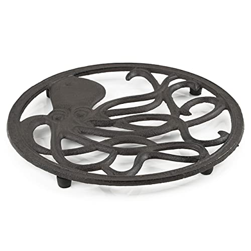 gasaré, Trivet for Hot Dishes, Pots and Pans, Metal Trivet, Octopus Design, Cast Iron, Rubber Feet Caps, Ring Hanger, 8 Inches, Brown Finish, 1 Unit