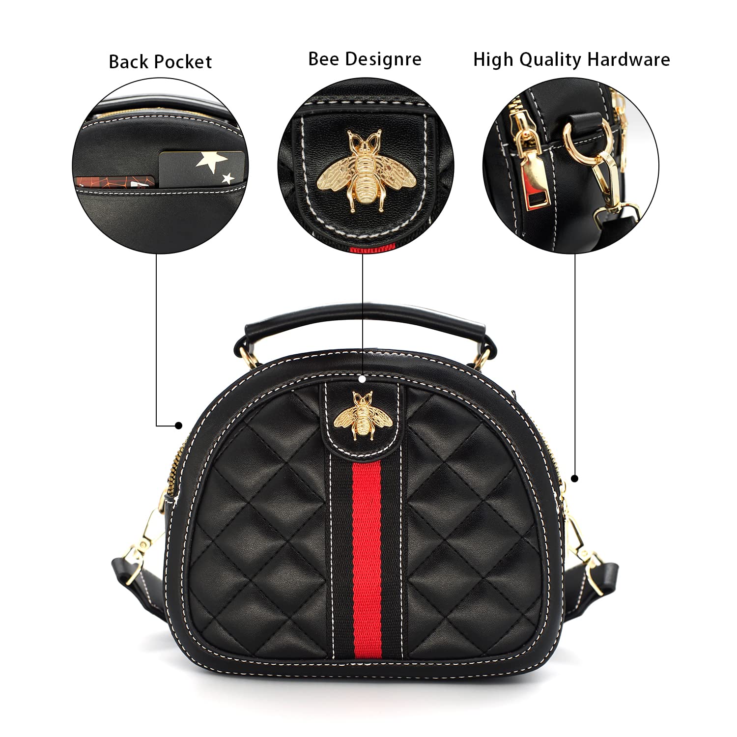 Beatfull Designer Bee Crossbody Bags for Women Stylish Round Quilted Shoulder Purse Small Leather Top Handle Cross Body Handbag