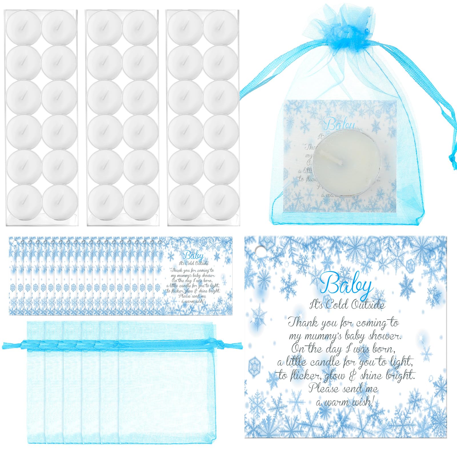 MTLEE 100 Sets Snowflake Baby Shower Party Favors Winter Birthday Party Supplies Thank You Gifts for Guests Including 100 Tealight Candles 100 Thank You Tags 100 Gift Bags for Gender Reveal Party