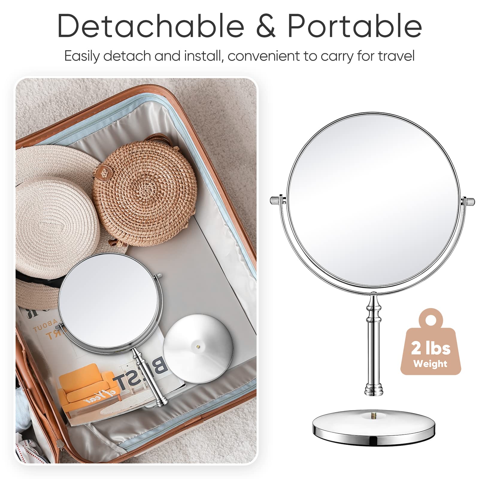 KEDSUM 1X/10X Magnifying Makeup Mirror, 8 Inch Large Table Mirror with Stand, Personal Makeup Mirror with Magnification, Double Sided Vanity Mirror with 360° Rotation, Detachable Base