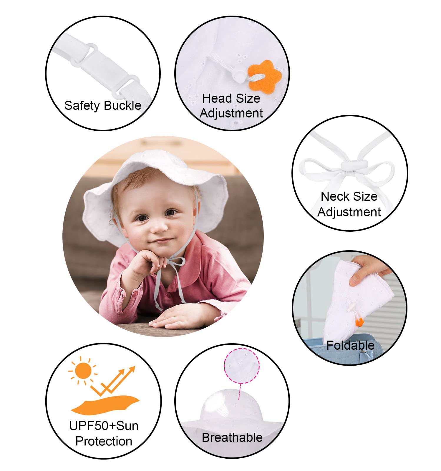 SimpliKids UPF 50+ UV Sun Protection Wide Brim Baby Sun Hat,White2, 0-12 Months