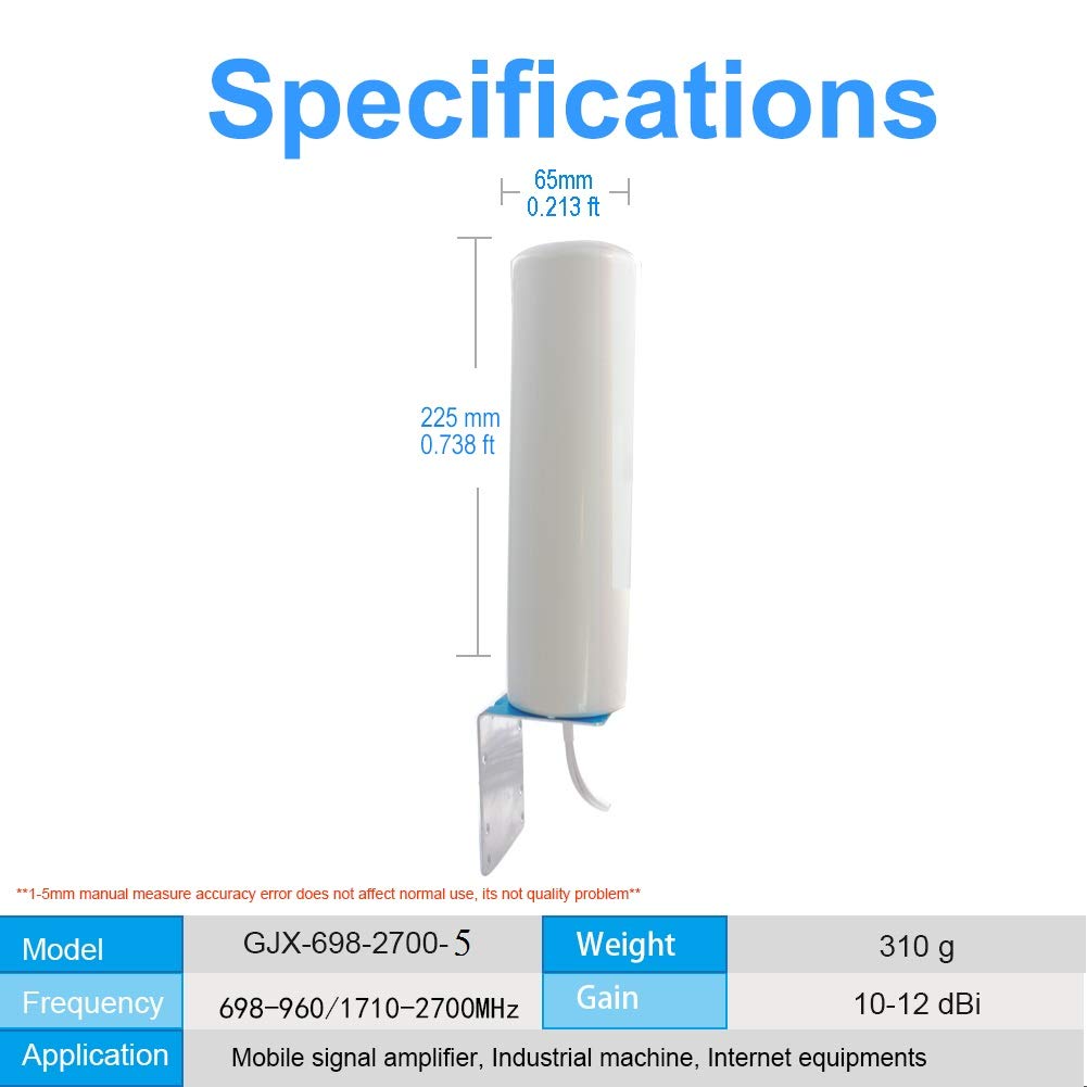 High Gain 10-12dBi Dual SMA Male 698-2700 MHz 3G/4G LTE Omni-Directional Outdoor Pole/Wall Mount Antenna for Mobile Cell Phone Signal Booster Cellular Amplifier 4G LTE Router Modem Gateway