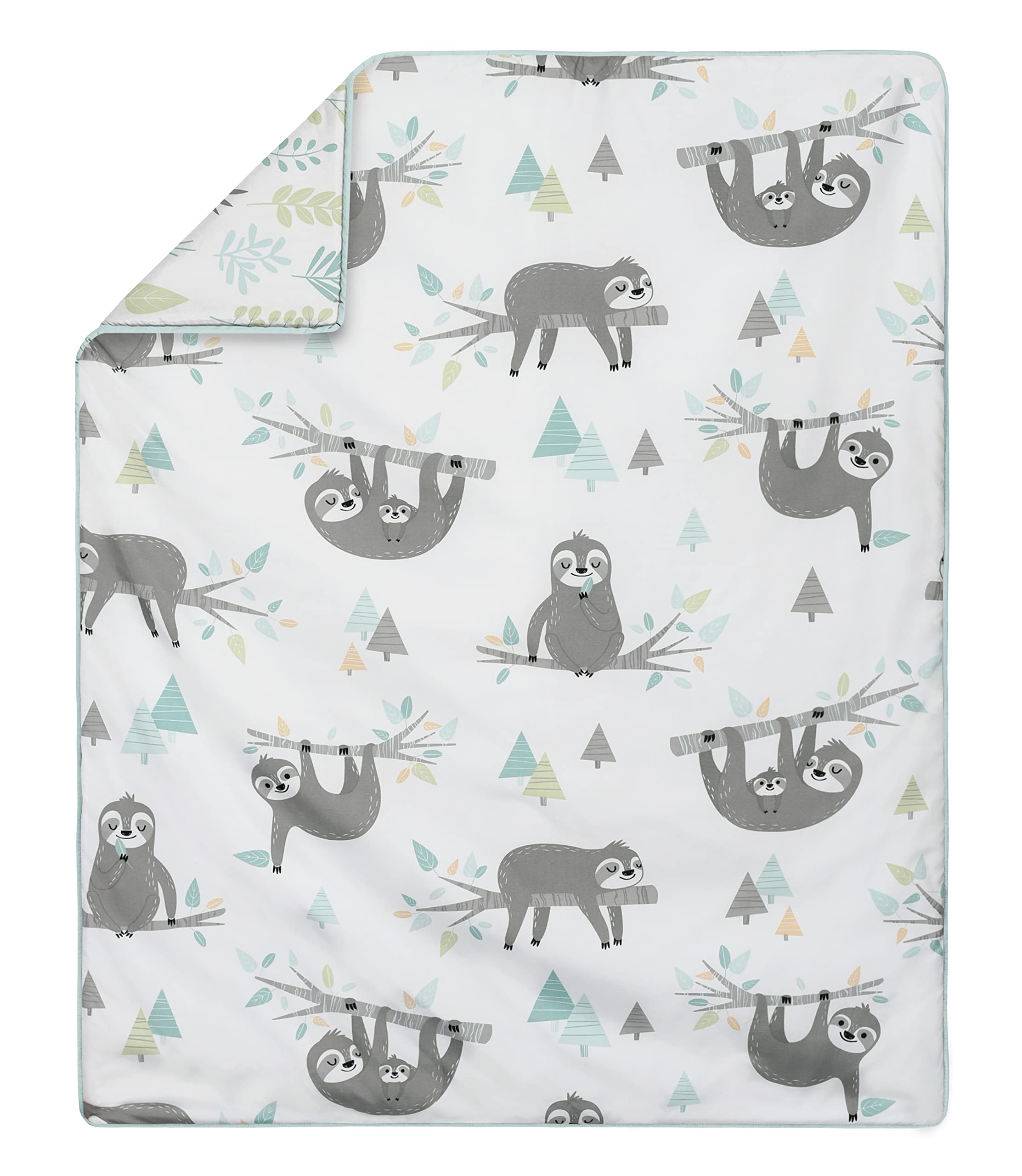 Sweet Jojo Designs Blue and Grey Jungle Sloth Leaf Baby Unisex Boy or Girl Nursery Crib Bedding Set - 4 Pieces - Turquoise, Gray and Green Tropical Botanical Rainforest