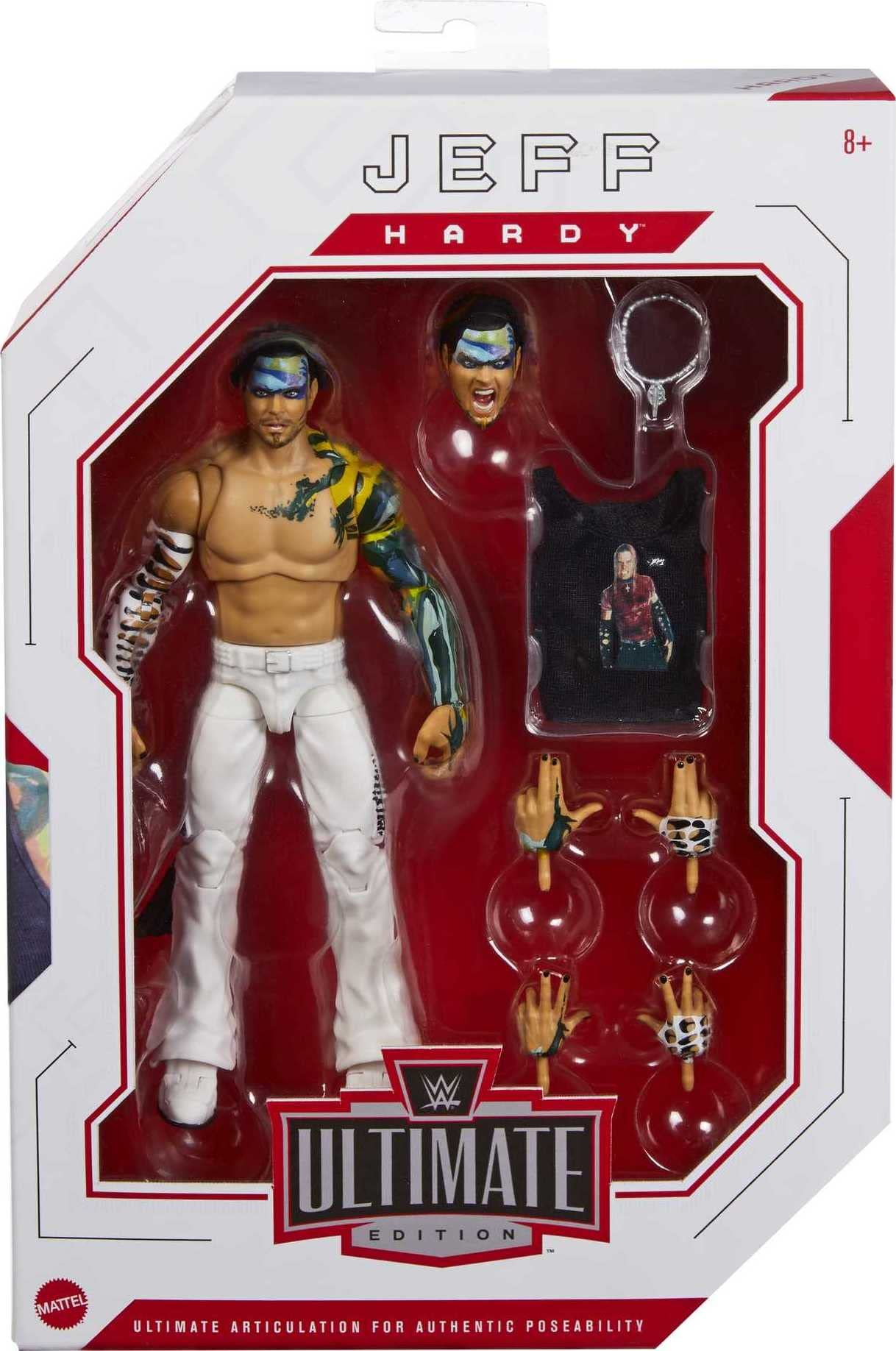 Mattel WWE Ultimate Edition Action Figure & Accessories Set, Jeff Hardy 6-inch Collectible with 30 Articulation Points, Swappable Pieces & Entrance Gear