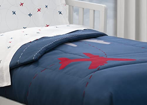 Delta Children 4 Piece Toddler Bedding Set for Boys - Reversible 2-in-1 Comforter - Includes Fitted Comforter to Keep Little Ones Snug, Bottom Sheet, Top Sheet, Pillow Case - Airplane Flight Plan