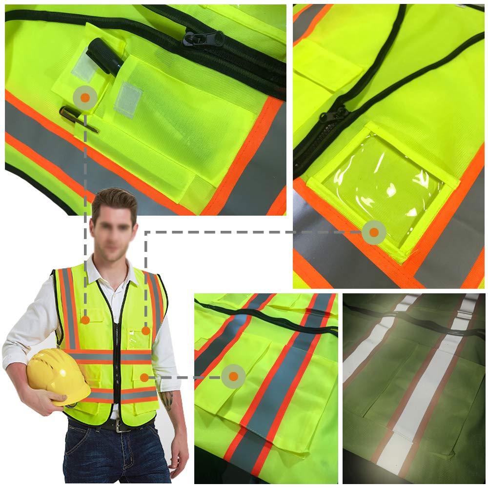YOWESHOP High Reflective Visibility Safety Vest Custom Your Logo Safety Workwear with Reflective Strips and Front Zipper(Black-Green Webbing M)