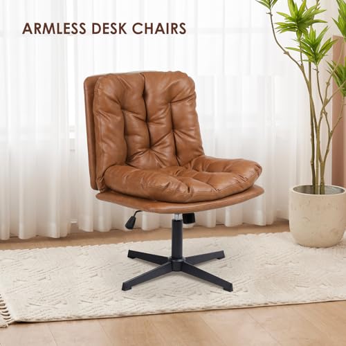 Chummaven High-Back Armless Home Office Chair No Wheels,Pu Leather Office Desk Chair Thick Swivel Rocking Vanity Chair Adjustable Computer Task Chair for Make Up,Small Space,Bedroom,Brown