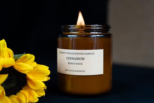 Coconut Wax Scented Candle - Wood Wick - Paraffin Free - Long Lasting - Crackle - Essential Oils - Smoke Free - (Cinnamon, 8 Oz.)