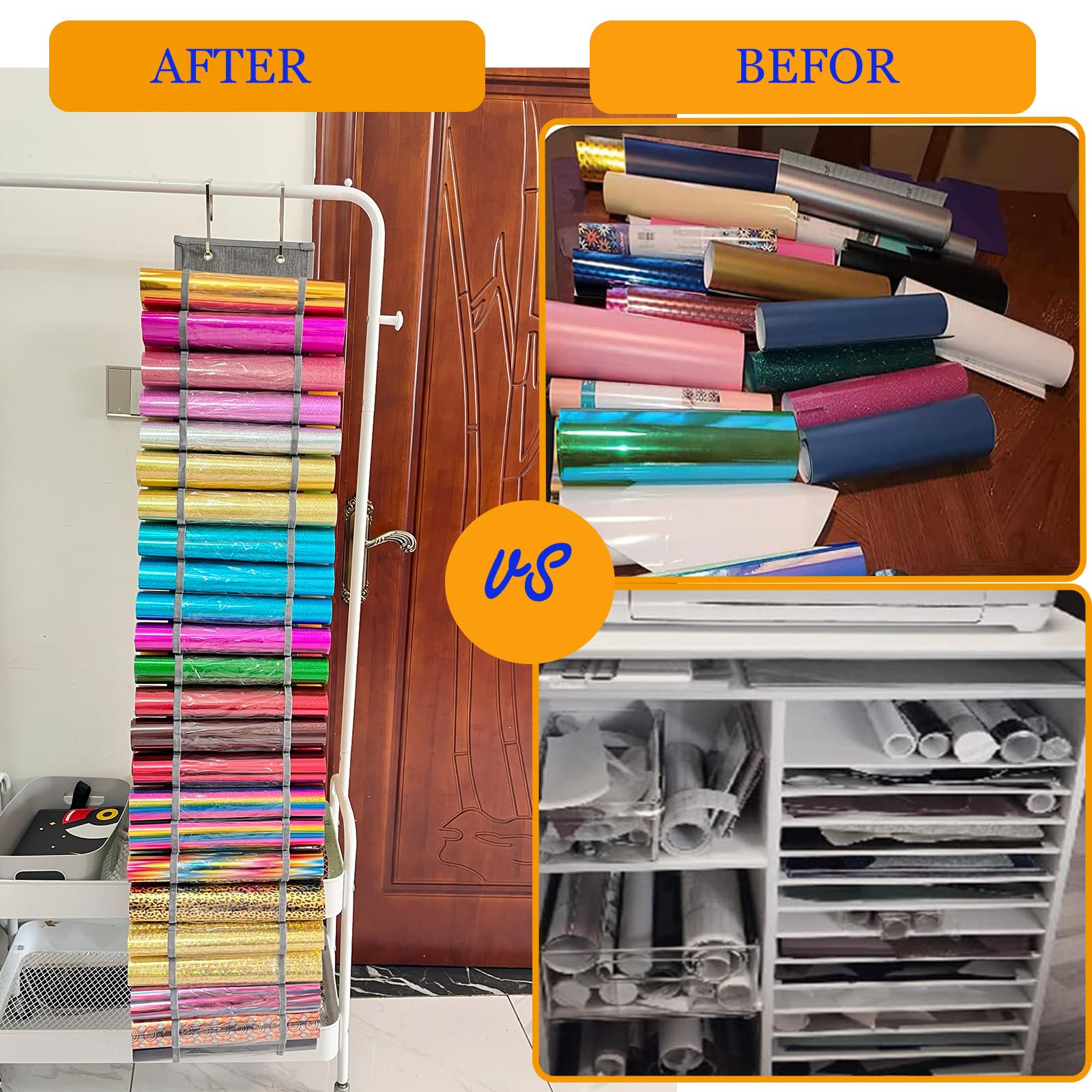 Amremsu 48 Compartments Vinyl Roll Storage, Vinyl Roll Holder Vinyl Organizer, Vinyl Storage Rack Wall Mount/Over The Door for Craft Room Organizers and Storage Lengthened(gray)