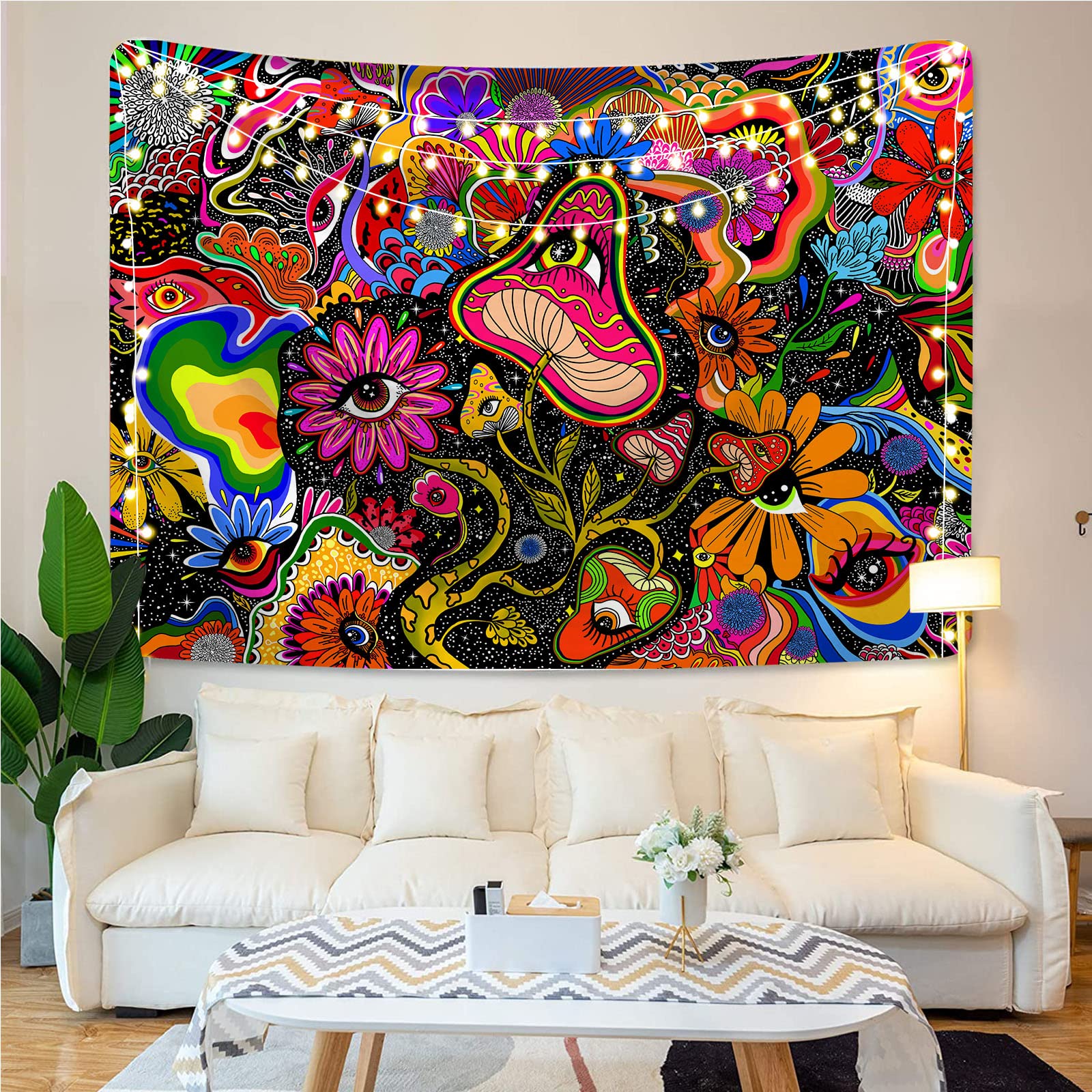 Wekoxo Mushroom Tapestry Wall Tapestry Eyes Tapestry Colorful Flowers Wall Hanging Tapestry for Bedroom Home Decor (H29.5 x W39.4)