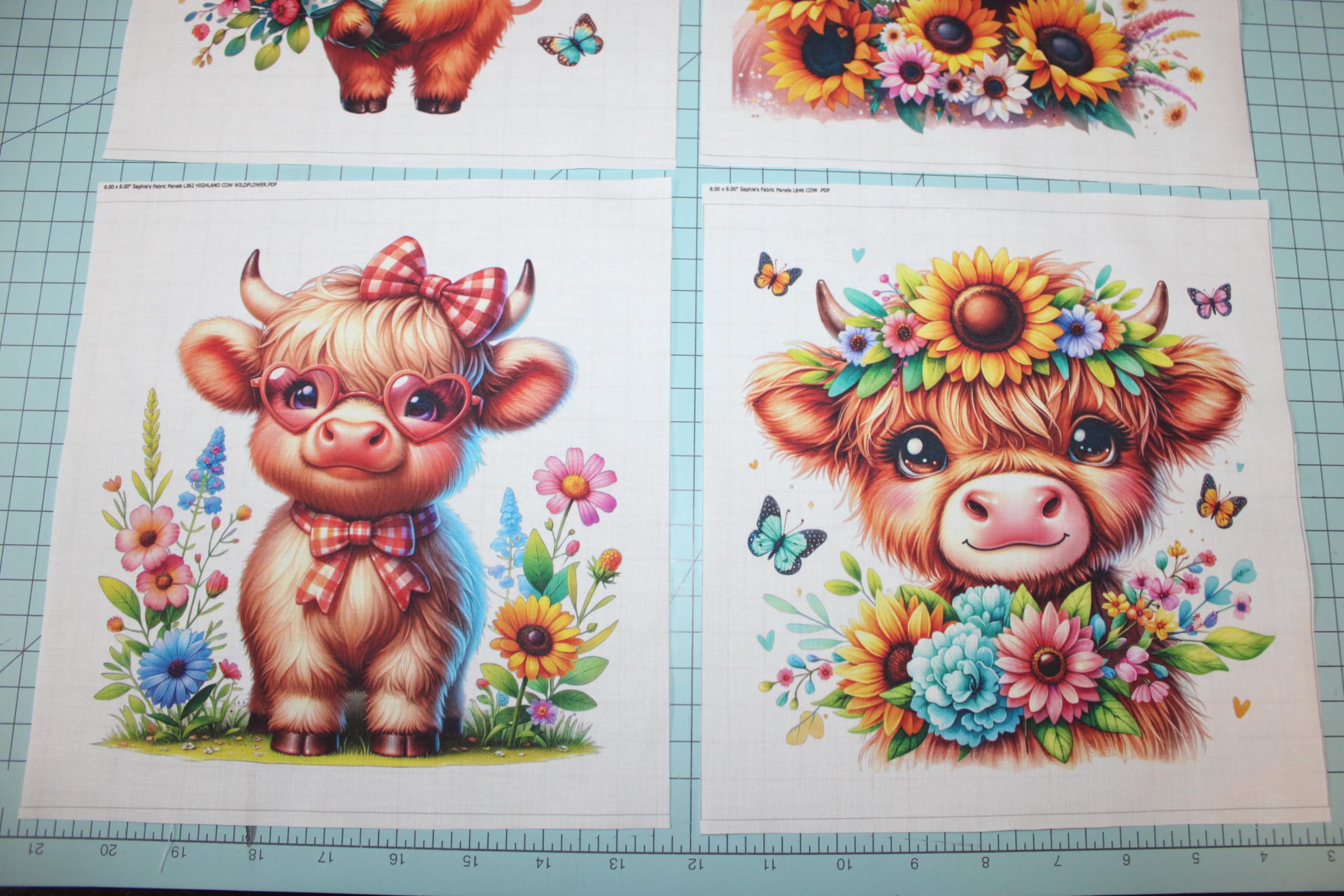 4 Piece 6"x6" Spring Highland Cows 100% Cotton Fabric Panel Squares - Quilting Panel Blocks