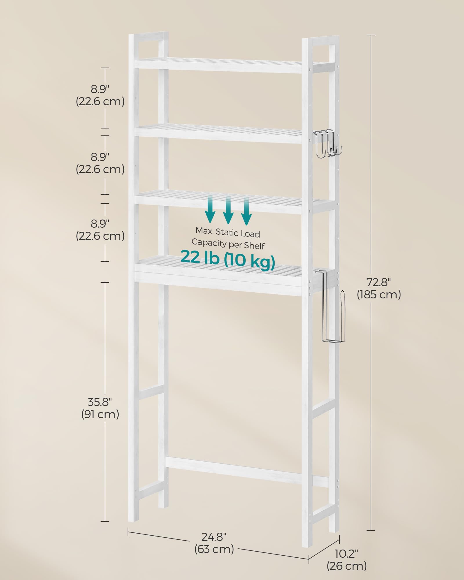 SONGMICS Over The Toilet Storage, 4-Tier Over Toilet Bathroom Organizer with Adjustable Shelf, Fit Most Toilets, Space-Saving, Easy Assembly, Cloud White UBTS041W01