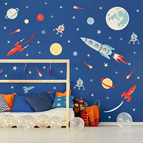 Colorful Outer Space Spacecraft Wall Decal (73pcs), Galaxy Solar System Wall Sticker for Nursery Explorer ,Planets Spaceship Stars Decal Playroom Classroom Decoration,Gift.