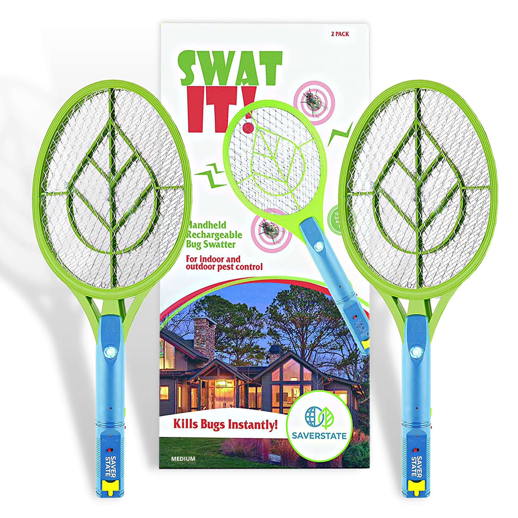 SWAT IT! Bug Zapper Rechargeable Bug Zapper Racket, 4000 Volt, USB Charging Cable, 2 Pack (Medium)