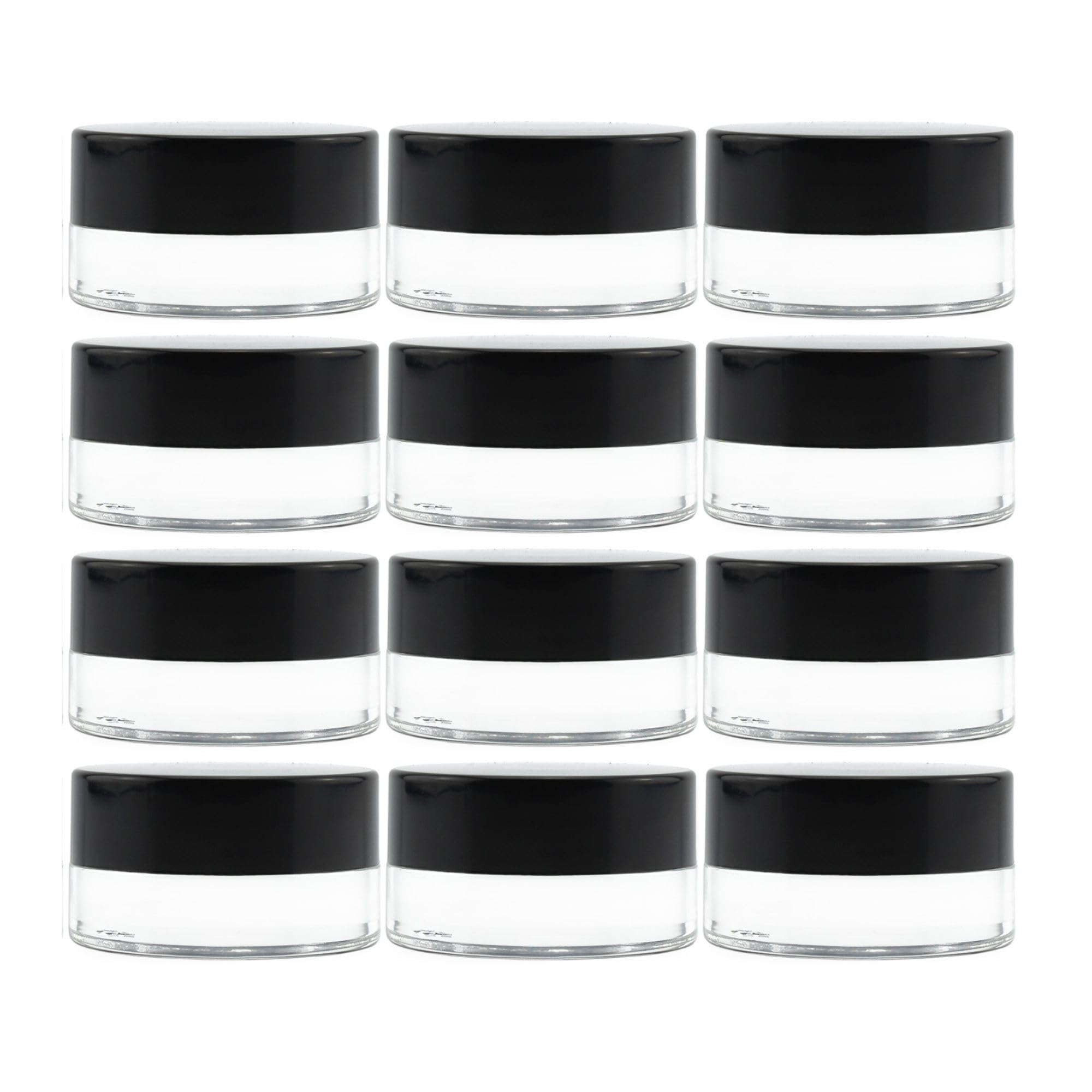 Cornucopia Brands 7-Milliliter Clear Glass Balm Jars (12-Pack); 1/4 oz Cosmetic Jars w/Lined Black Plastic Lids