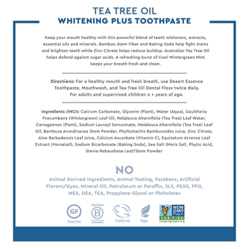 Desert Essence Natural Whitening Plus Tea Tree Oil Bundle - 1 Unit of 6.25 Oz Toothpaste & 16 Fl Oz Mouthwash - Refreshing Taste - Promotes Healthy Mouth - Complete Oral Care