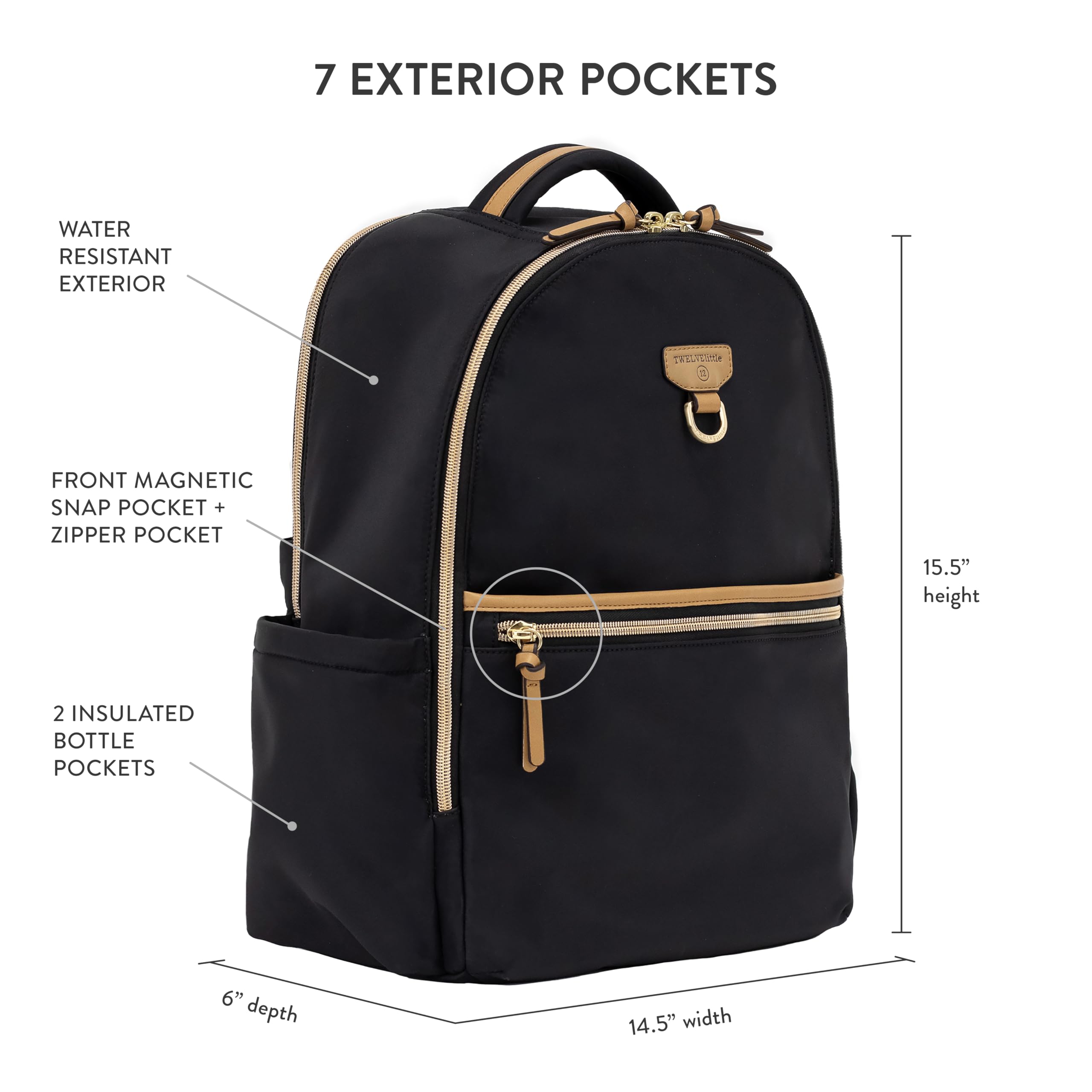TWELVElittle On The Go Diaperbag Backpack in Black Tan - Includes Changing Pad and Stroller Clips. Diaper Bag Backpack for Moms or Dads