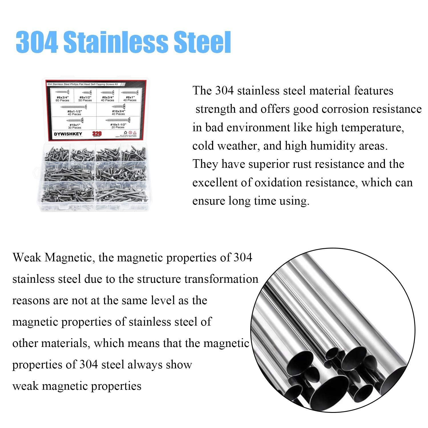 DYWISHKEY 320 Pieces #6#8#10 Stainless Steel 304 Phillips Flat Head Self-Tapping Screws, Wood Screws Assortment Kit