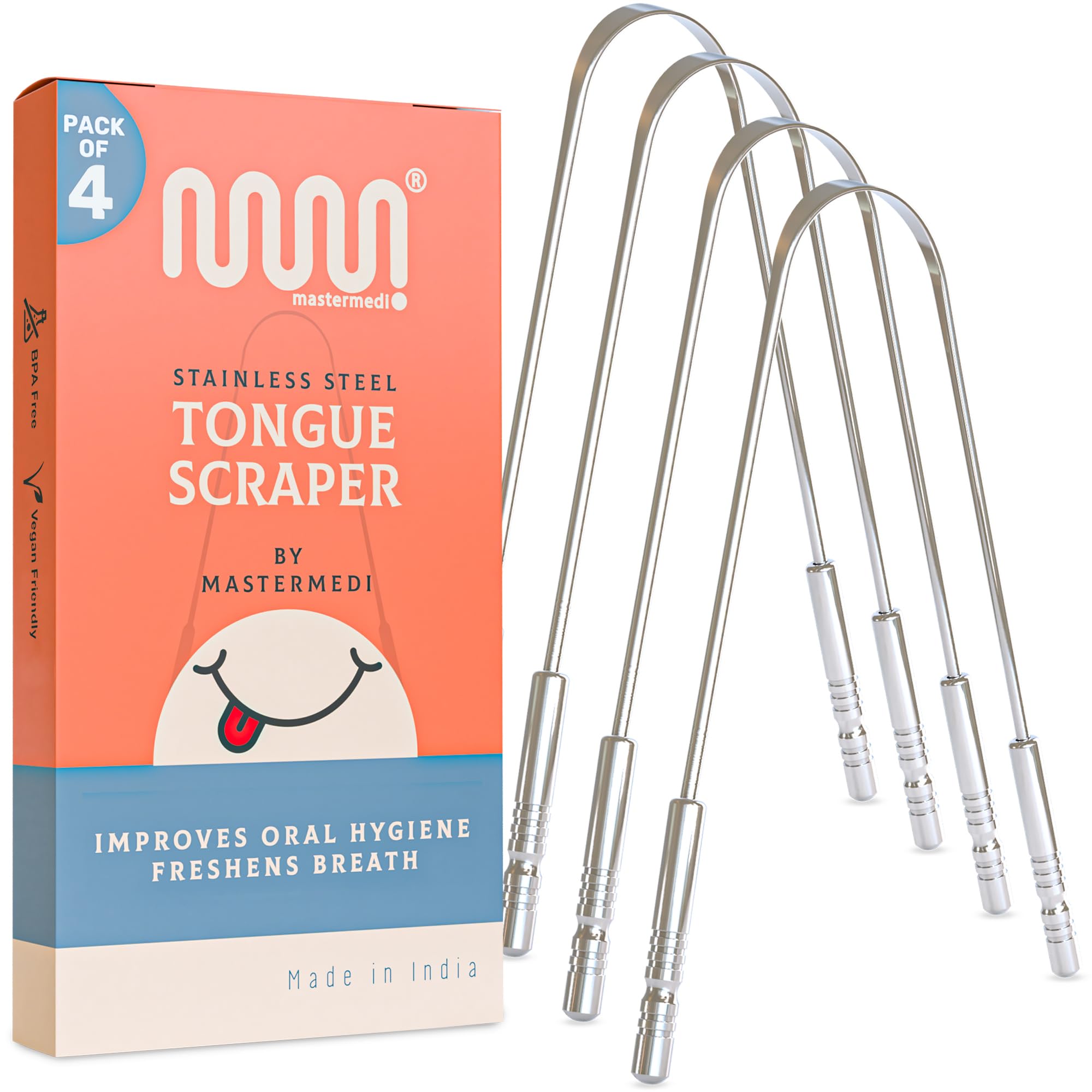 MasterMedi Tongue Cleaner Tongue Scraper Surgical Grade Stainless Steel Tongue Brush Dental Kit Professional Eliminate Bad Breath With Non-synthetic Grip (Family Pack (4 pcs)