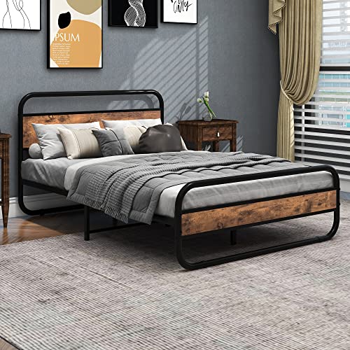 Albearing Metal Full Size Bed Frame with Wooden Headboard and Footboard, Heavy Duty Oval-Shaped Platform Bed with Under-Bed Storage, Steel Slats Mattress Foundation Round Pipe Design,Brown