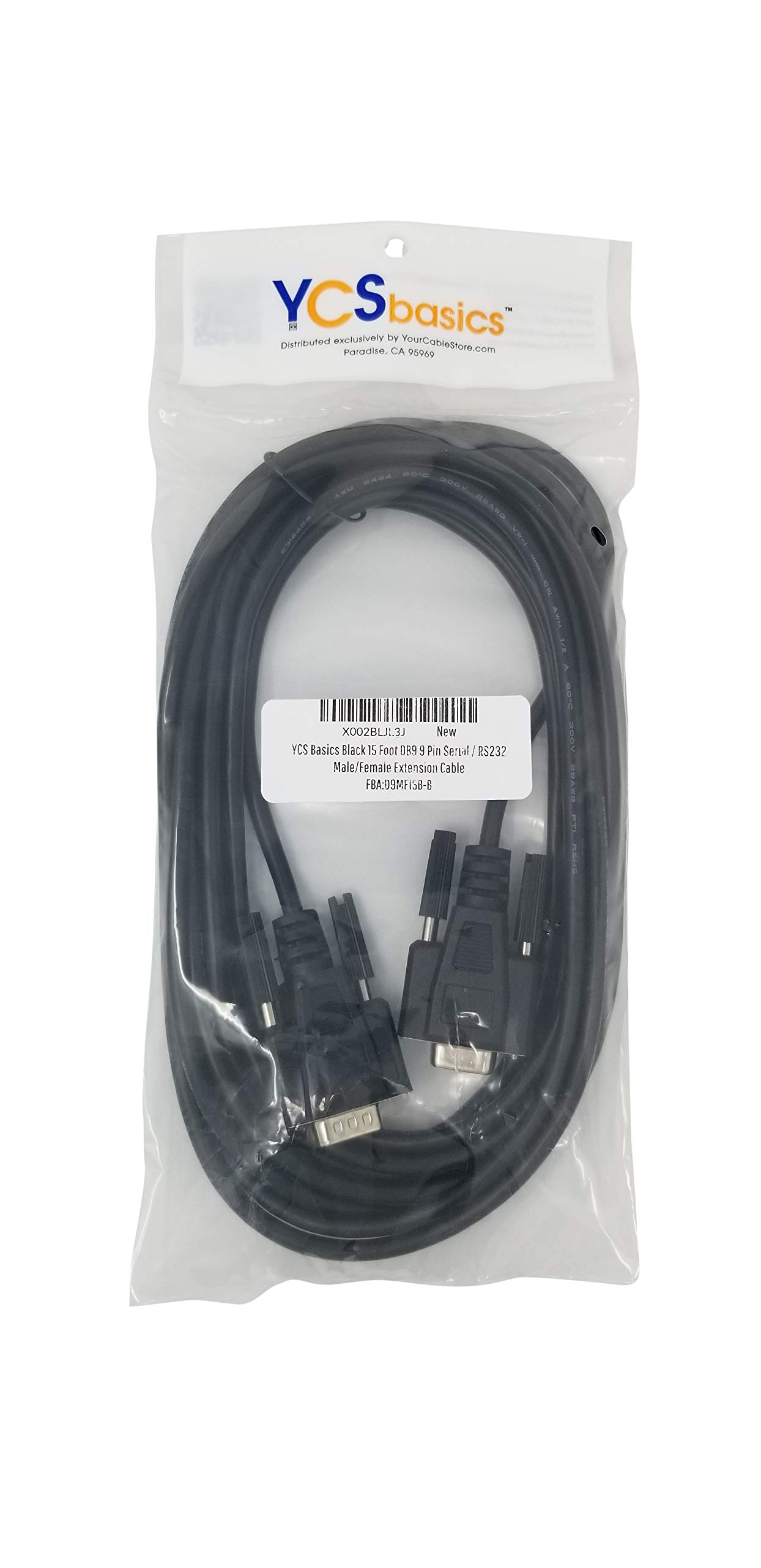 YCS basics Black DB9 9 Pin Serial / RS232 Male/Female Extension Cable (15 Ft)