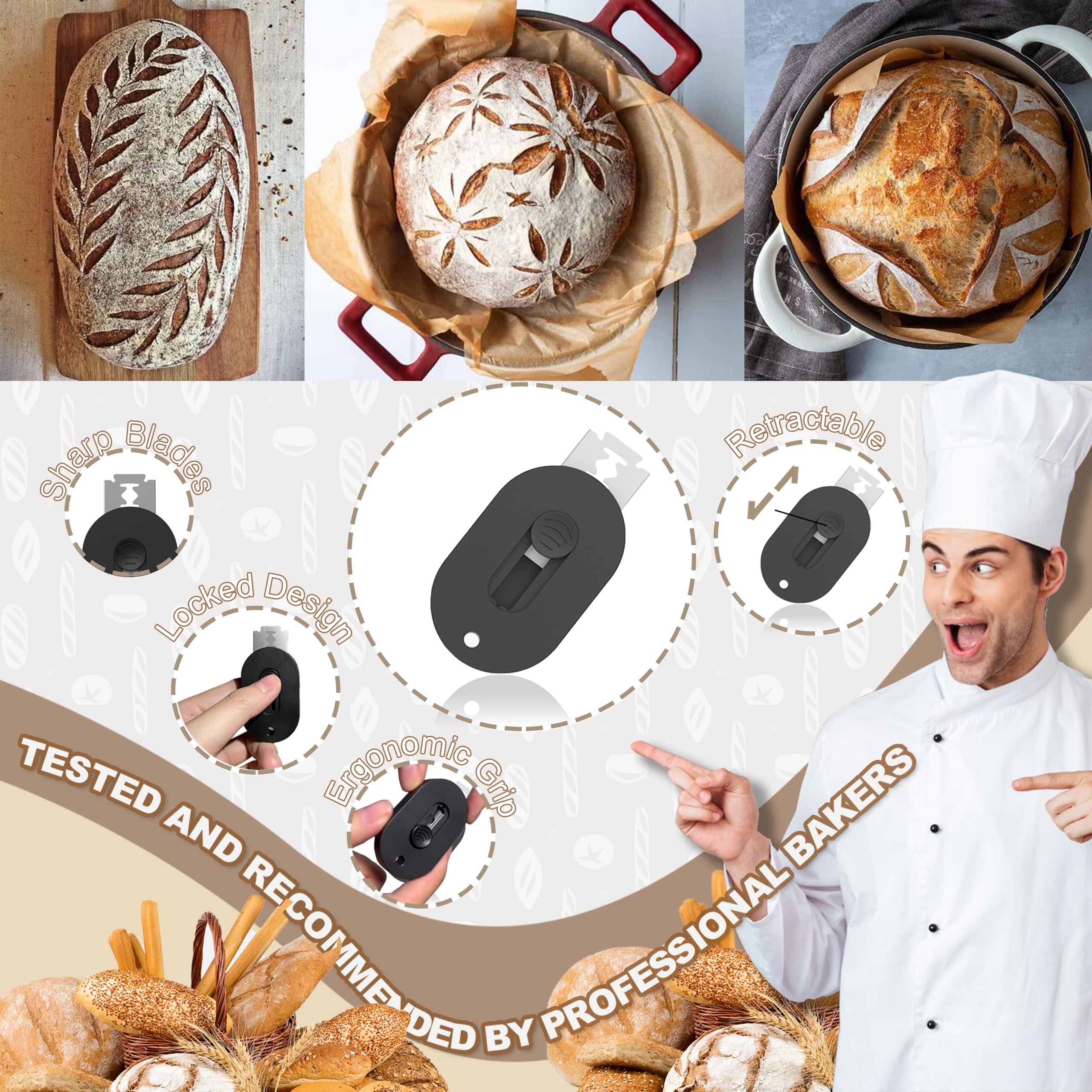 WYKJII Magnetic Bread Lame, Sourdough Scoring Tool, Retractable Push-Pull Handle for Professional Bread Scoring Tool, Lame Bread Tool,Sourdough Bread Baking Supplies, 5 Razor Blades (Black)