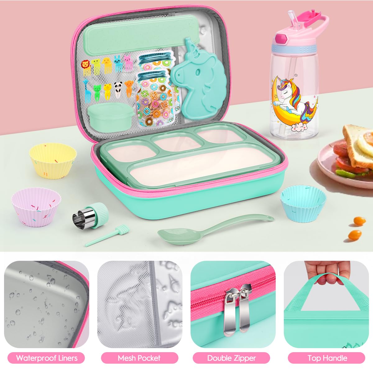 30Pcs Lunch Box for Girls,Insulated Unique Lunch Bag Set 4 Compartments Bento Box with Lunch Accessories Ice Pack Water Bottle Silicon Cap Spoon Fork Salad Container for Lunch Kids School Supplie,Pink