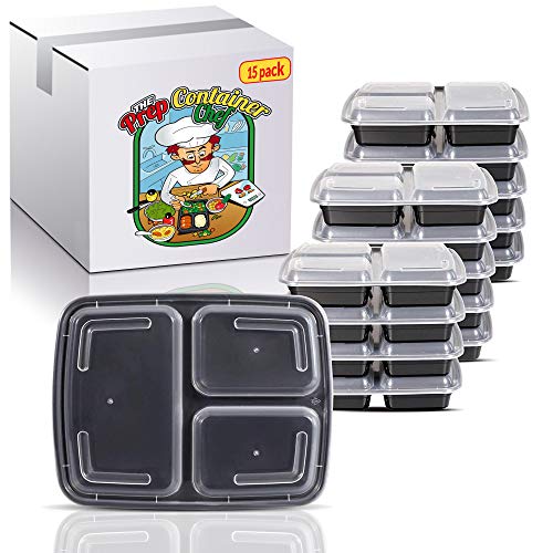 Prep Container Chef [15 Pack] 3 Compartment Bento Lunch Box. Reusable 32oz Food Storage portion Control Meal Prep Containers, Stackable, Microwave/Dishwasher/Freezer Safe. Weight Loss & Keto Diet.