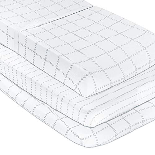 Petit Dreams Changing Pad Cover Jersey Knit Cotton for Baby Boy Or Baby Girl Doubles As Cradle Sheet, Grey Dotted Stripes & Grey Grid Lines, (Pack of 2)