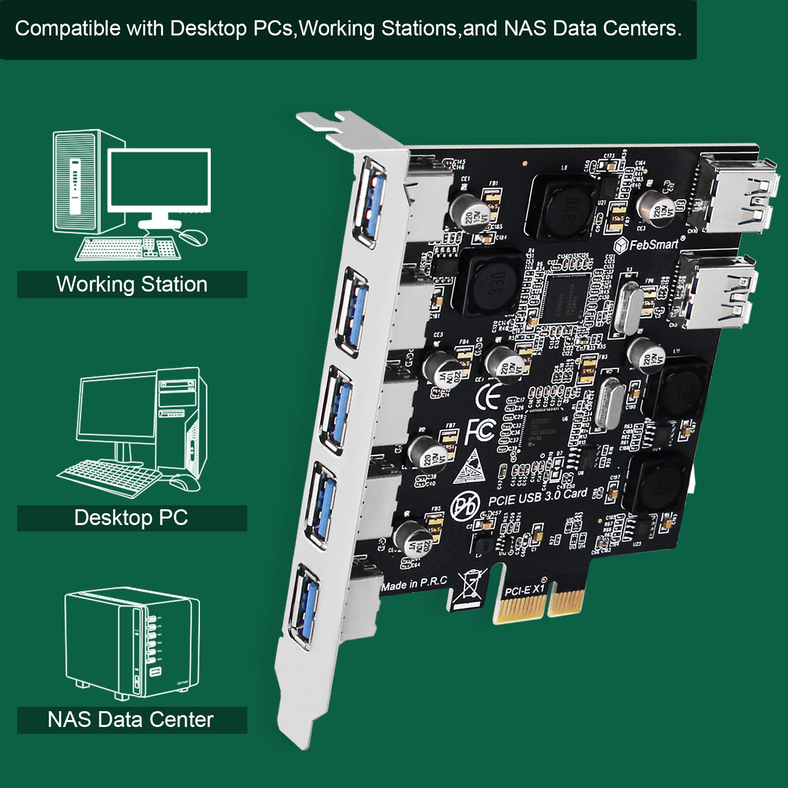 FebSmart 7-Ports Superspeed 5Gbps PCIE USB 3.0 Expansion Card for Windows 11, 10, 8.x, 7, Vista, XP Desktop PCs, Built in FebSmart Self-Powered Technology, No Need Additional Power Supply (FS-U7-Pro)