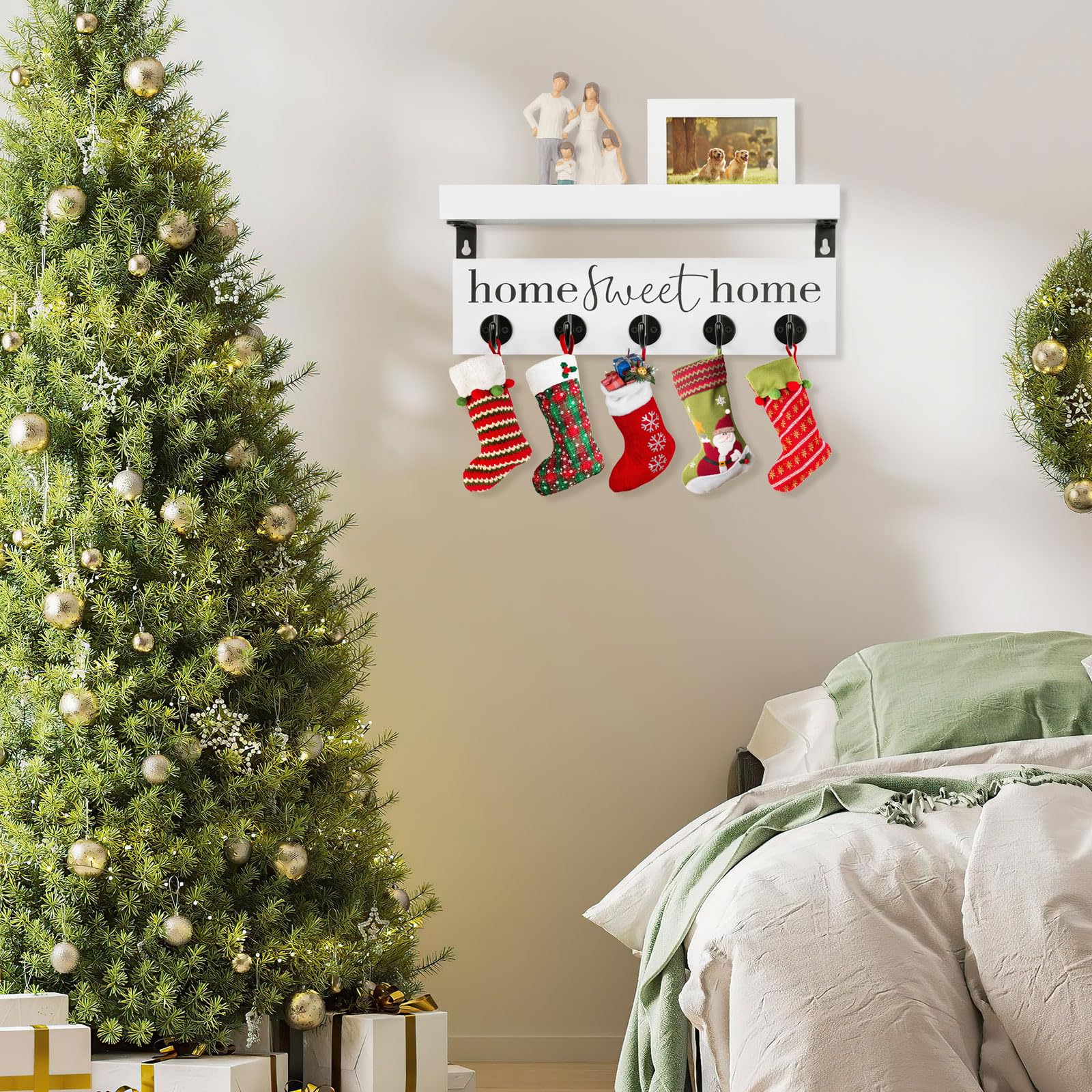FIPUTE Christmas Stocking Holder for Wall Hanging, Wooden Stocking Hangers for Wall, Christmas Stocking Hook Decoration, Christmas Fireplace Mantel Decorations, (14" x 6.3" x 3.9") White