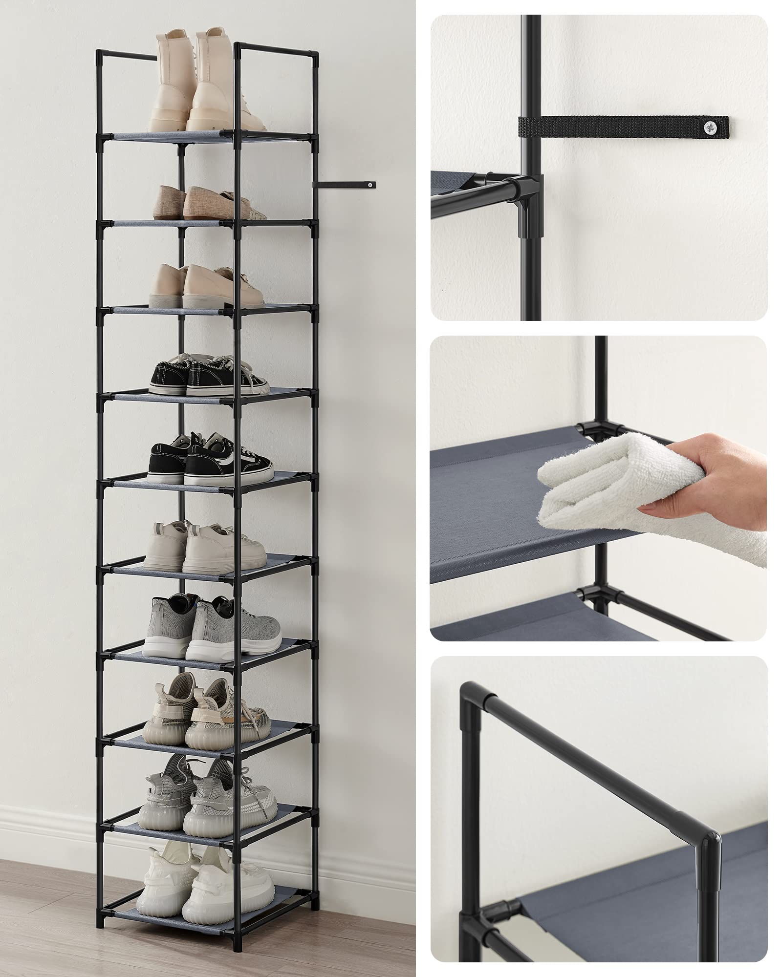 SONGMICS Shoe Rack, 10 Tier Shoe Shelf, Shoe Storage Organizer, Space-Saving, 13 x 13 x 68.1 Inches, Metal Frame, Non-Woven Fabric Shelves, for Entryway, Bedroom, Grey ULSR110G01
