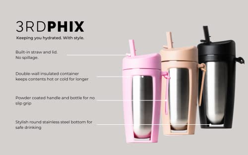 3rdphix Unique Shaped Insulated Stainless Steel Water Bottle, Sweat Proof, Built in Straw, Carry Handle, Hot or Cold Liquids, BPA Free Protein Shaker Bottle, Perfect for Gym 25 OZ / 750ML (Beige)