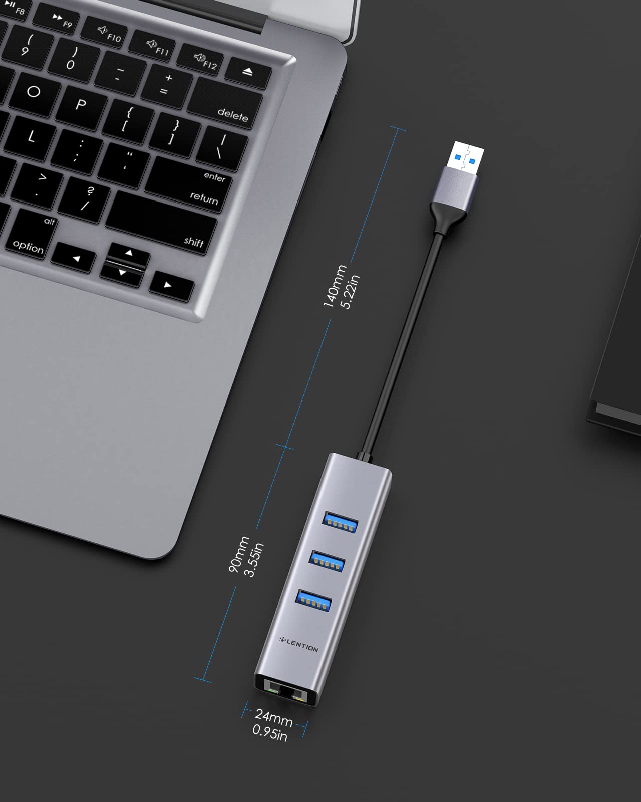 LENTION USB Hub to 3 USB 3.0 & Gigabit Ethernet LAN RJ45, Network Adapter Compatible MacBook Air/Pro (2009-2015), Surface, Chromebook, More Type A Devices, Stable Driver Certified(H23s, Space Gray)