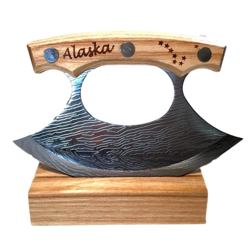 Arctic Circle Alaska Ulu Wood Handle Dipper Design Forged Damascus Blade Wood Stand