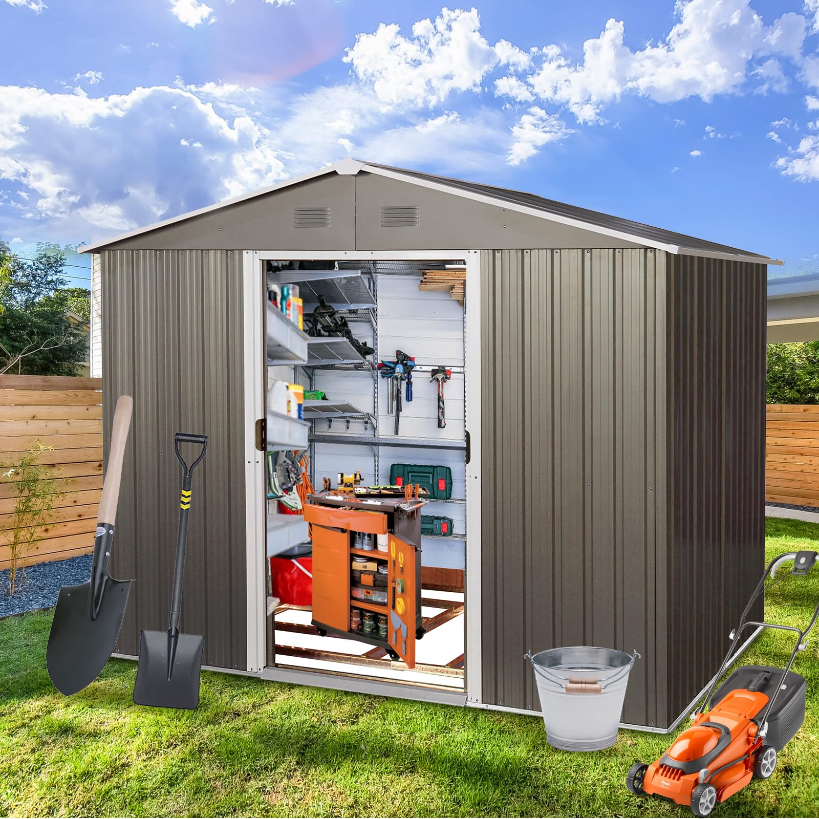 7'x5' Outdoor Metal Storage Shed with Floor Base, 4 Punched Vents and Pad-Lockable Sliding Doors, Tool House w/Eco-Friendly Painting, Waterproof&UV Resistant, for Backyard, Lawn, Patio, Gray