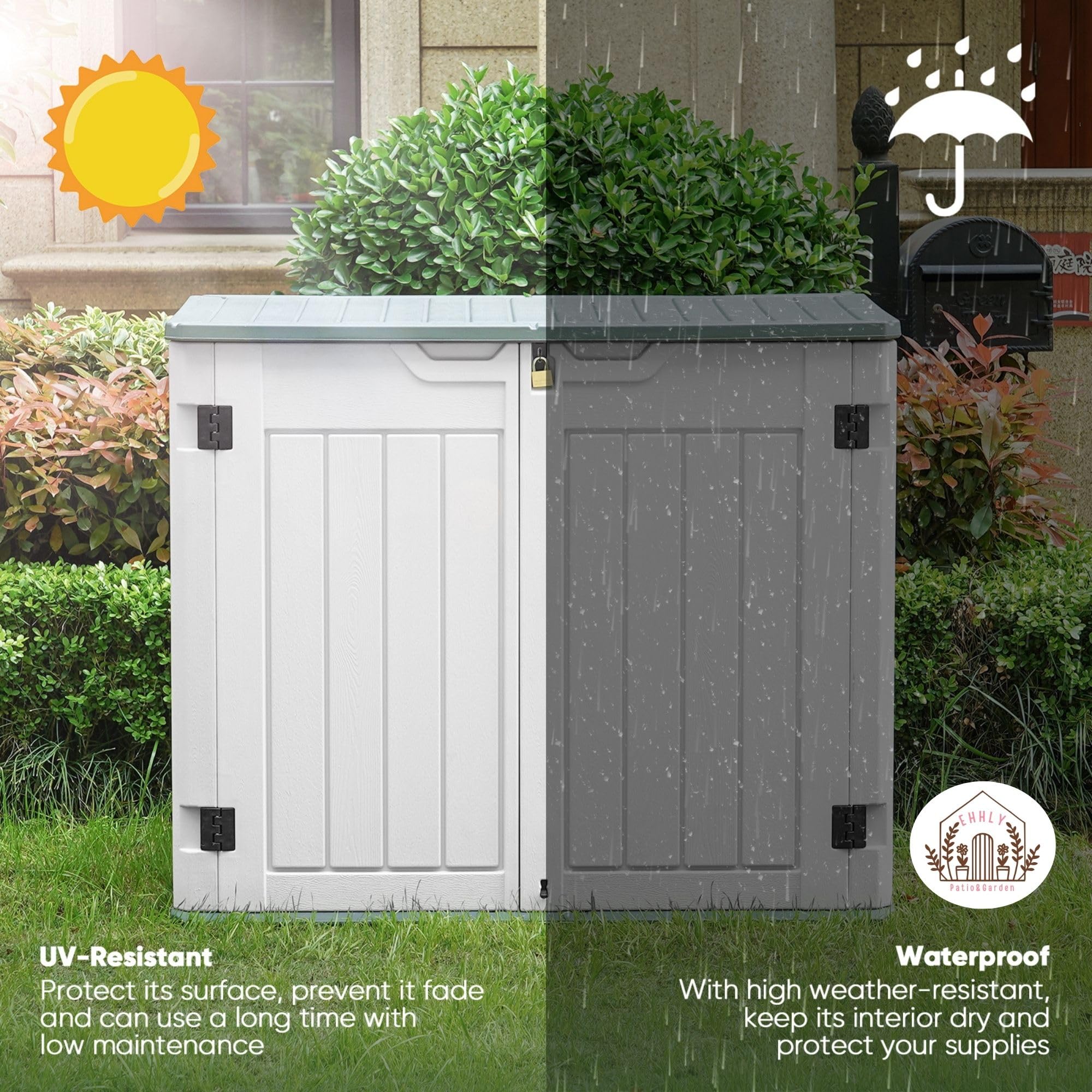 EHHLY Horizontal Resin Storage Shed, 35 Cuft Garden Tool Sheds & Outdoor Storage, Outdoor Plastic Storage Cabinet Waterproof, 4FT Tall Backyard Outside Lawn Mower Storage Shed, White