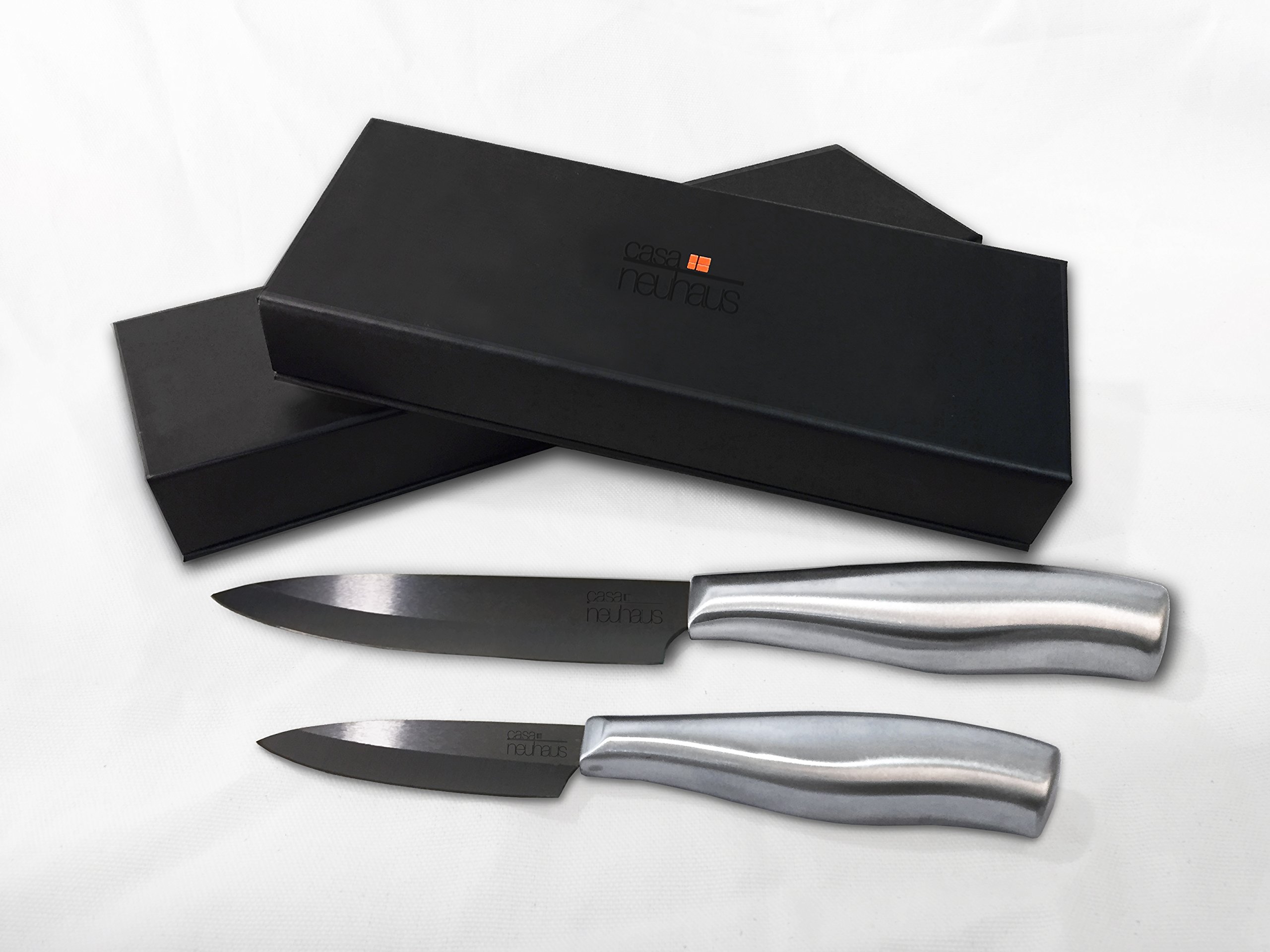 Casa Neuhaus Black Series Utility Set Ceramic Knives - 3 inch Paring Knife & 5 inch Utility Knife - Black Ceramic Blade & Stainless Steel Handle - Includes Knife Sheath and Black Series Gift Box