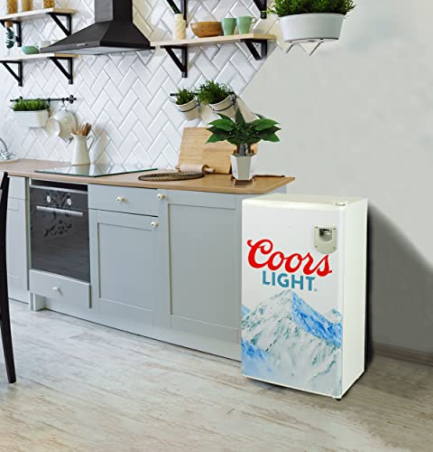Coors Light Rocky Mountain 3.2 cu ft (90L) refrigerator Compact Fridge Bottle Opener White Space Saving Flat Back Design Reversible Door Adjustable Temperature Control Tempered Glass Shelves Office RV