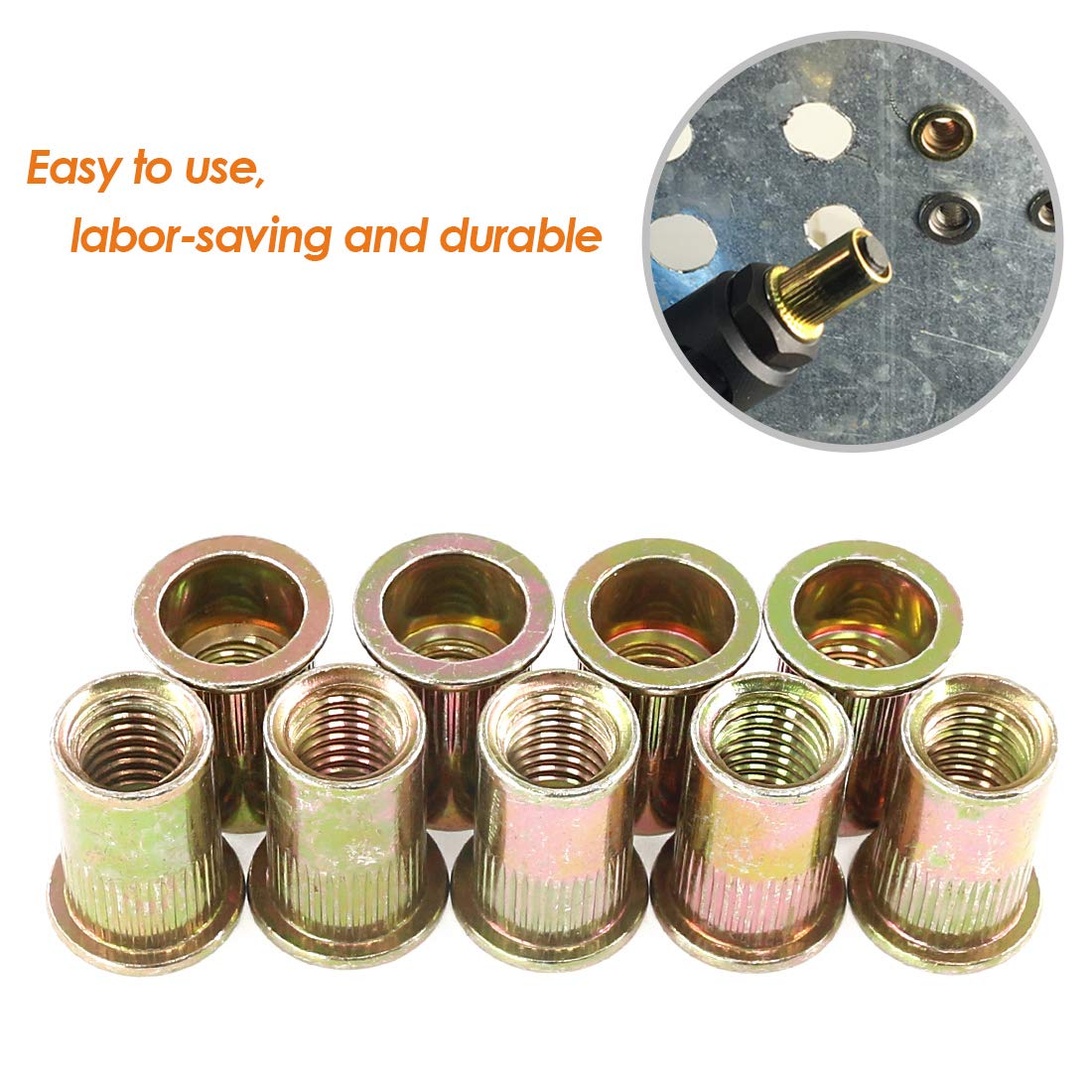 Rustark 50-Pcs 1/2''-13UNC Mixed Zinc Plated Carbon Steel Rivet Nut Flat Head Insert Nutsert Assortment Kit