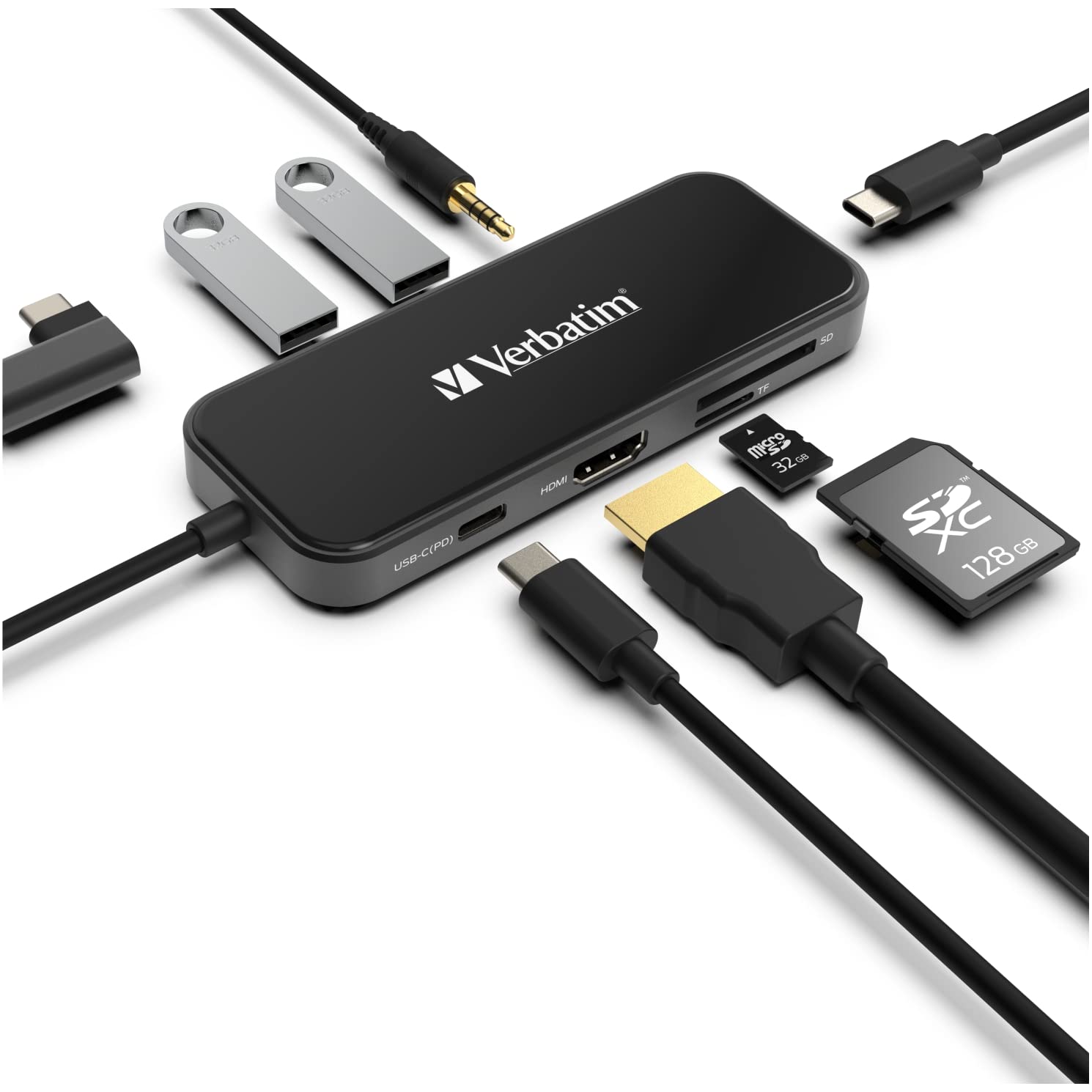 Verbatim 8-in-1 USB C Hub w/Dongle - USB Hub for Laptop w/ 100W PD, 2 USB 3.0 Ports, 2 USB C Ports, SD Card Readers, HDMI, 3.5mm Audio Port, Compact USB-C Hub