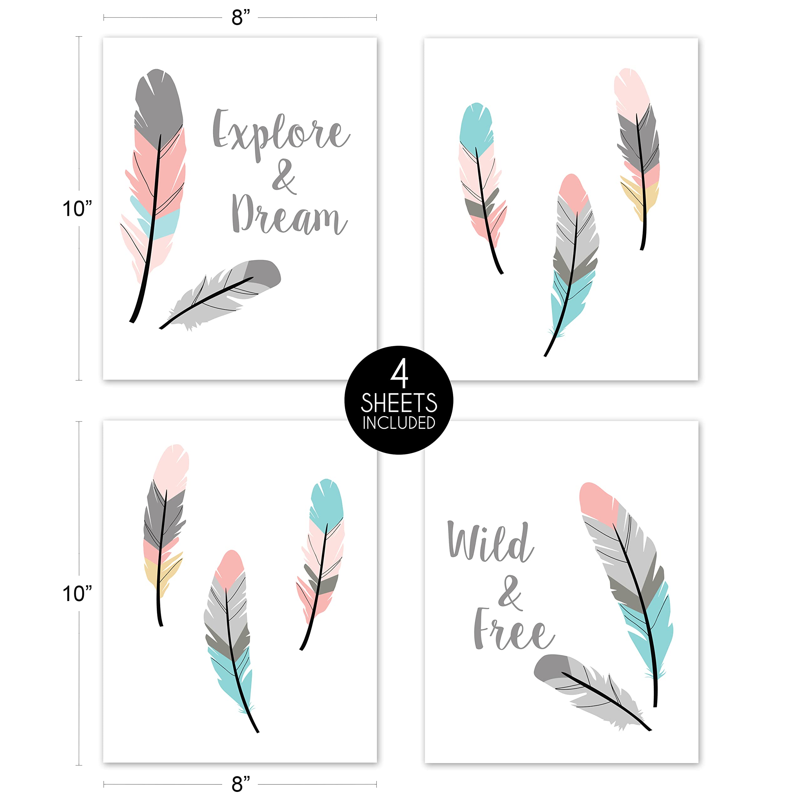 Sweet Jojo Designs Turquoise and Coral Boho Wall Art Prints Room Decor for Baby, Nursery, and Kids for Feather Collection - Set of 4 - Explore & Dream, Wild & Free
