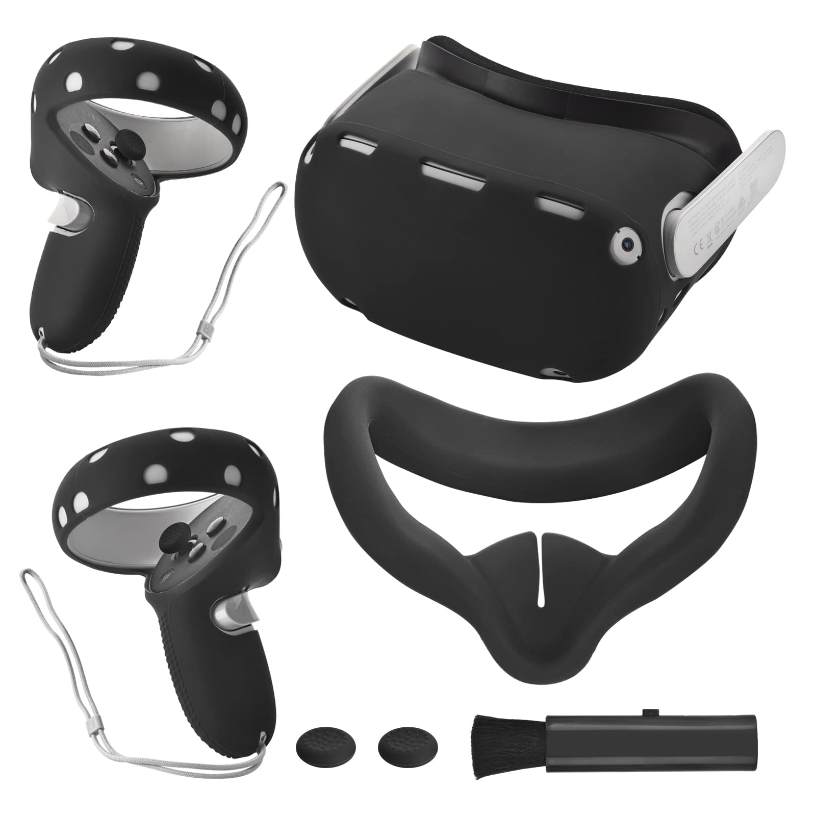 Silicone Controller Grip for Quest 2 Accessories, with VR Headset Lens Cleaning Pen, Thumb Button CapďźProtective Lens Cover, Silicone Face Cover Sweat Guard Anti-Leakage Pad (Black)